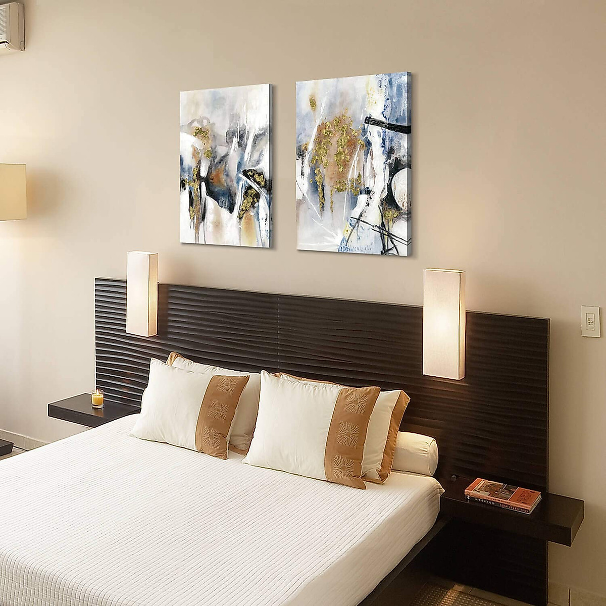 Abstract Canvas Wall Art Picture: White & Brown Hand-Painted Painting Artwork for Bedroom (24'' x 36'' x 2 Panels)