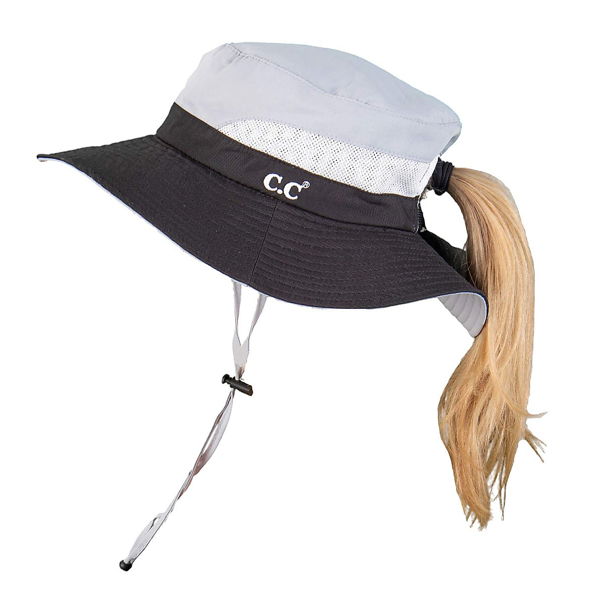 Funky Junque Ponytail Sun Hat Foldable Mesh Outdoor Beach Bucket Hat, Black/Grey