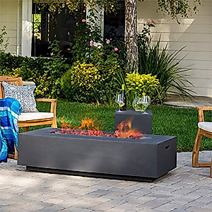 Afuera Living 56'' Patio Concrete Fire Pit Table, Rectangular Outdoor Fire Tank Table, Propane Gas Cover Included, Light Weight, Dark Grey, 56''L x 20''W x 15''H