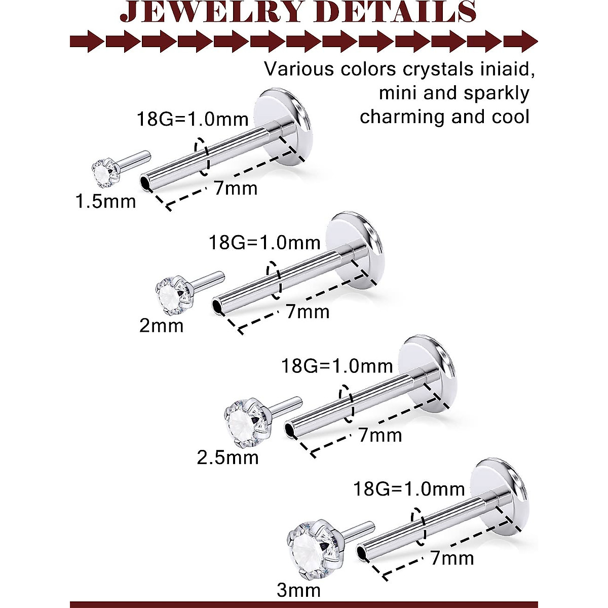 Prjndjw 18G Push Nose Rings Studs Surgical Steel Threadless Nose Studs Straight Bar Nose Rings for Women Men Nostril Piercing Diamond CZ 1.5mm 2mm 2.5mm 3mm Silver 15Pcs Push earrings stud