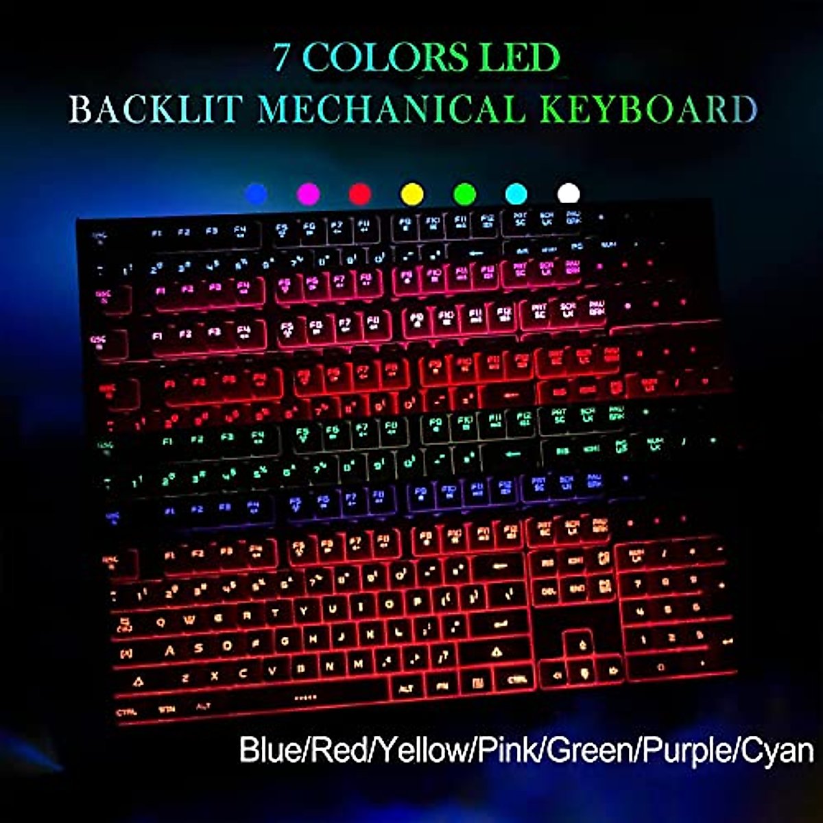 LIOURFE Keyboard with 7 Color LED Backlit, 104 Keys Quiet Wired Computer Keyboard for Office, Mechanical Feeling Gaming Keyboard for Windows Laptop PC Mac (Pink)