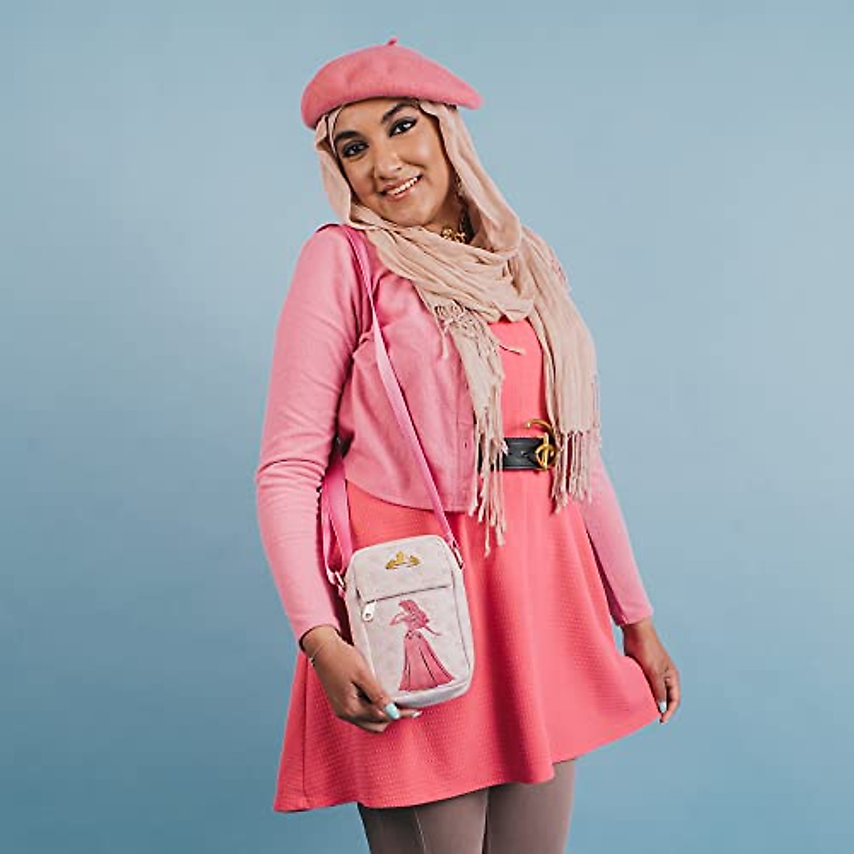Buckle Down Disney Bag, Cross Body, Princess Aurora Pose Silhouette and Fairy Godmothers, Pink, Vegan Leather, Sleeping Beauty