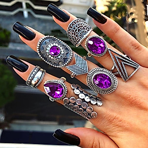 Octwine Statement Purple Crystal Rings Silver Knuckle Rings Queen Rings Jewelry Accessory for Women (9 pcs)