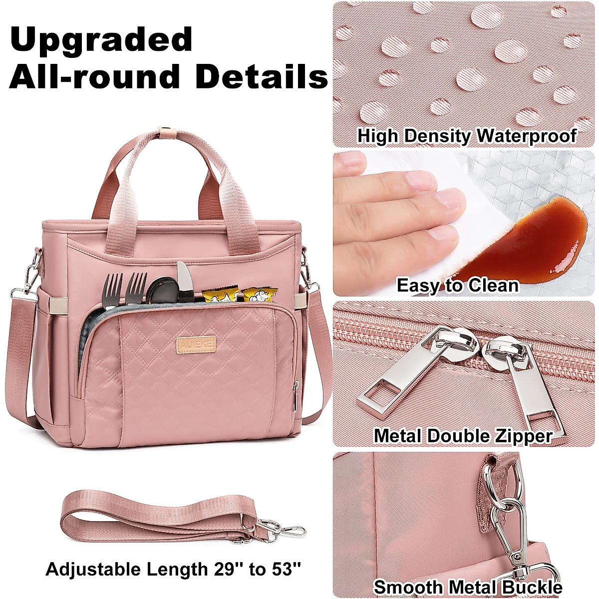AIJIEKE Lunch Bag for Women, Insulated Lunch Box Tote Bag for Work, Extra Large Wide Open Leak Proof Cooler Bag with Shoulder Strap & Side Pockets for Picnic Hiking Beach, Pink