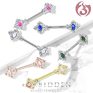 Forbidden Body Jewelry Pair of Surgical Steel 9/16 Inch Posh Floral Synthetic Opal Center Nipple Barbells, Dark Green