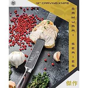 KESSAKU Carving Knife - 12 inch - Samurai Series - Razor Sharp - Granton Edge - Forged 7Cr17MoV High Carbon Stainless Steel - Wood Handle with Blade Guard