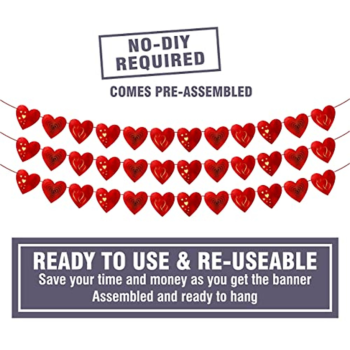 Easykart 36 Hearts Garland Red Gold Foiling Hearts Hanging String 3 Pack (Each 8.5ft) Anniversay Decorations Festival Birthday Home Windows Background Party Supplies