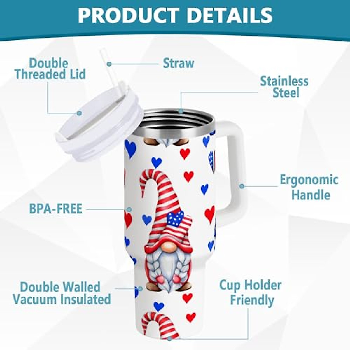 ODAWA 40 Oz Travel Coffee Tumbler with Lid and Straw, Cute Gnomes White Leak Proof Tumbler
