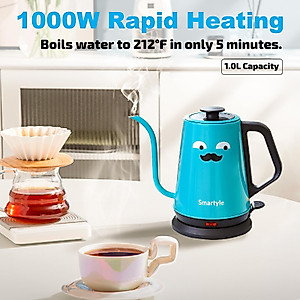Smartyle Gooseneck Electric Kettle with Mustaches, 1000W Cartoon Electric Tea Kettle of 304 Stainless Steel, Cute Hot Water Kettle with Auto Shut Off, 1.0L Colorful Pour Over Coffee Kettle-Blue
