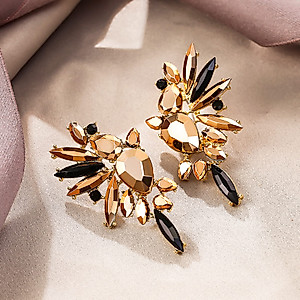 EVER FAITH Crystal Fashion Statement Earrings, Art Deco Marquise Teardrop Cluster Bling Colorful Dangle Earrings for Women Champagne Gold w/Black Gold-Tone