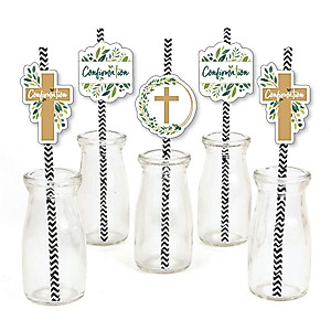 Confirmation Elegant Cross - Paper Straw Decor - Religious Party Striped Decorative Straws - Set of 24