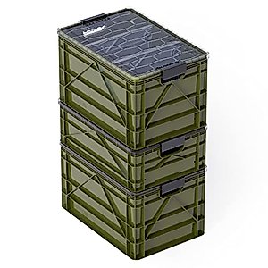 SIDIO CRATE Pro Pack - Two Full Size and One Half Size SidioCrate, Stackable Outdoor Organizer Storage Bins with Clear Lid and Dividers - Green
