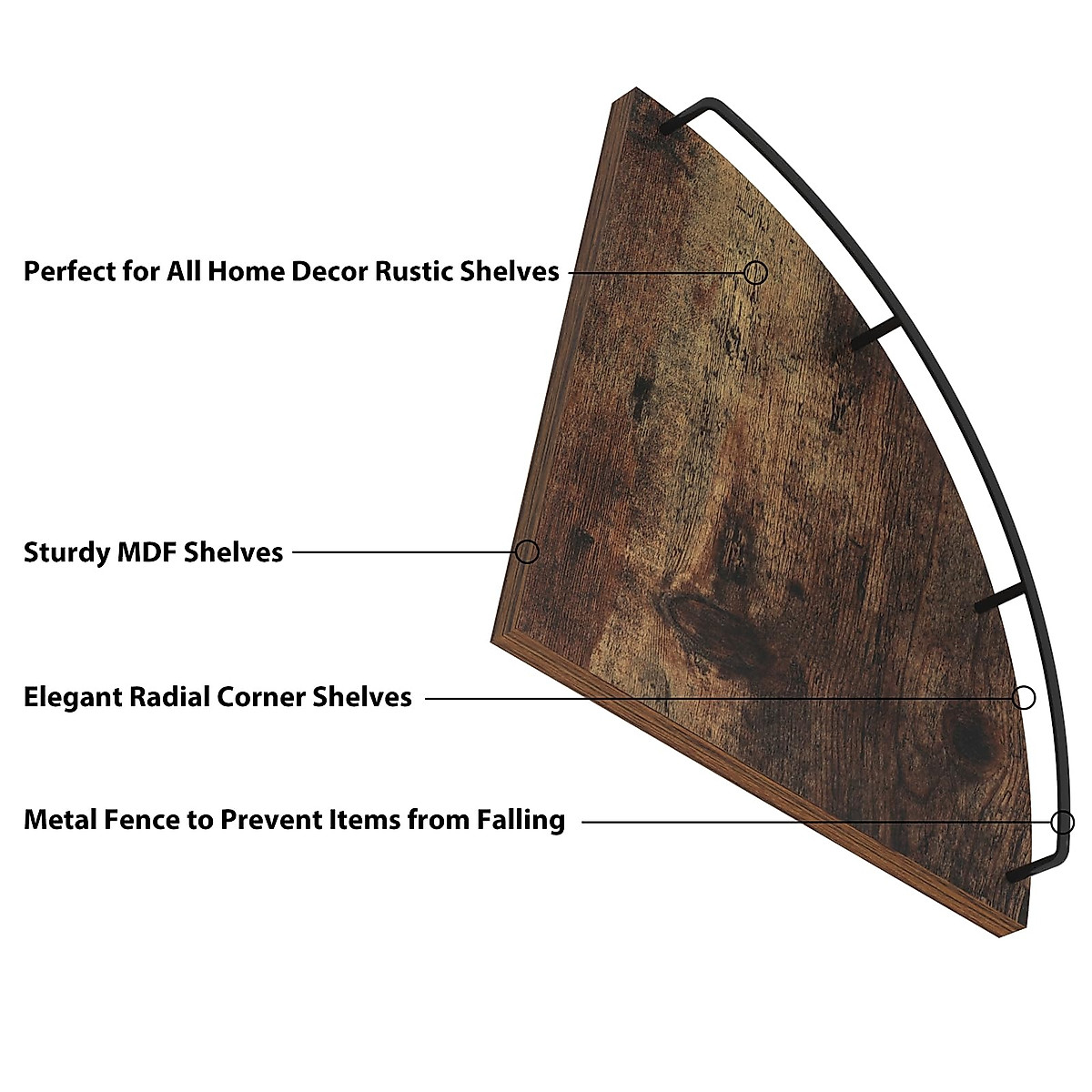 HORLIMER Floating Corner Shelf Wall Mount, Set of 3 Rustic Wood Corner Wall Shelves with Fence for Bedroom, Living Room, Bathroom, Kitchen, Brown