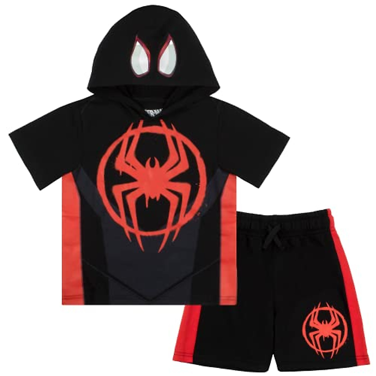 Marvel Avengers Superheroes Boys Character Lightweight Short Sleeve Hoodie T-Shirt & Shorts Athleisure Short Set (Black/Red 2, 5/6)