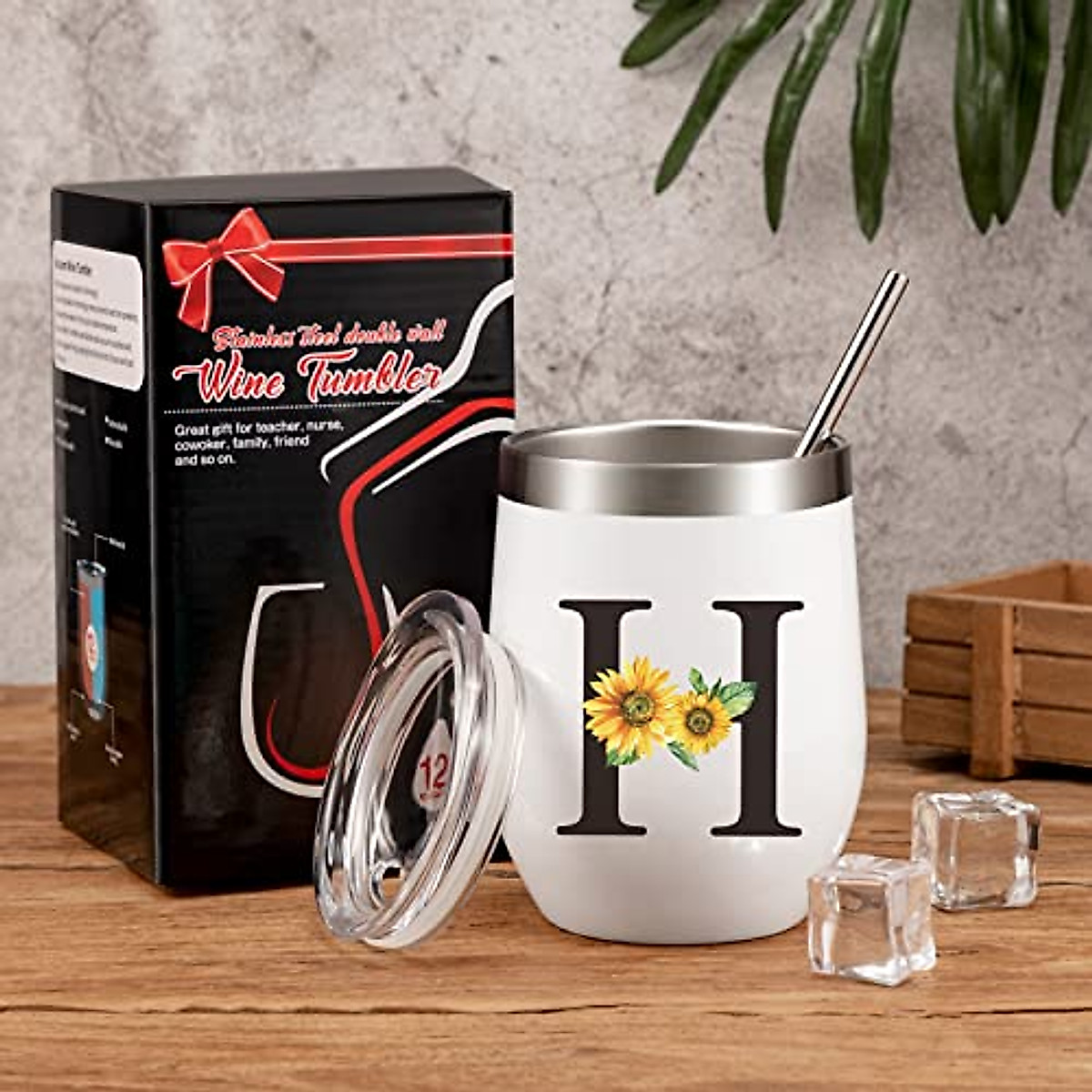 Zopeal Funny Personalized Coffee Mug Cup with Initials, Monogrammed Gift for Women Mom Teacher Birthday Christmas Wedding, 12 oz Stainless Steel Wine Tumbler with Brush Straw Gift Box(H)