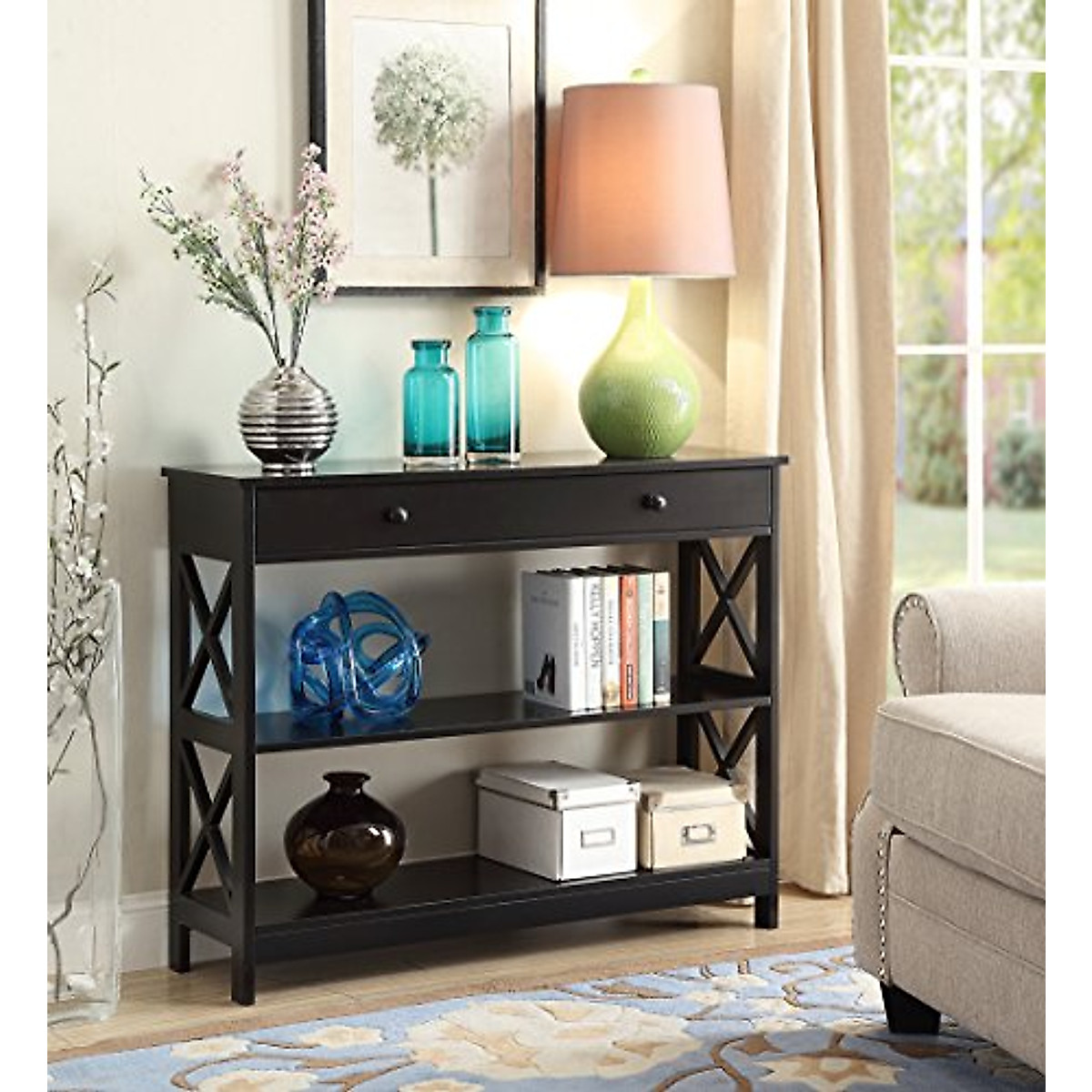 Convenience Concepts Oxford 1 Drawer Console Table with Shelves, Black