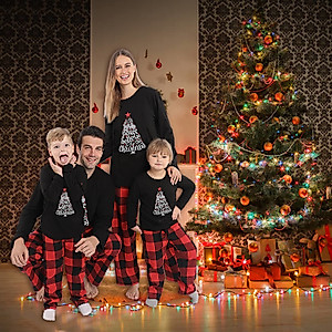 Onancehim Matching Christmas Pajamas for Family, Funny Holiday Cute Let It Snow Print Tops and Plaid Pants Xmas Sleepwear Pjs Set (Women, L, Black)