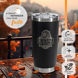 Christian Art Gifts Large Travel Tumbler for Men & Women Stainless Steel Vacuum Insulated Inspirational Scripture: Be Strong Engraved Lion, Retractable Lid, Black, 18 oz.