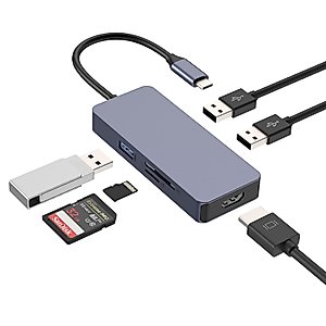USB C HUB, 6 in 1 Aluminum Multiport USB C Adapter with 4K HDMI, USB 3.0, 2*USB 2.0, SD/TF Compatible for MacBook, Surface Pro/Go, Pad Pro/Air, Laptop and Other Type C Devices