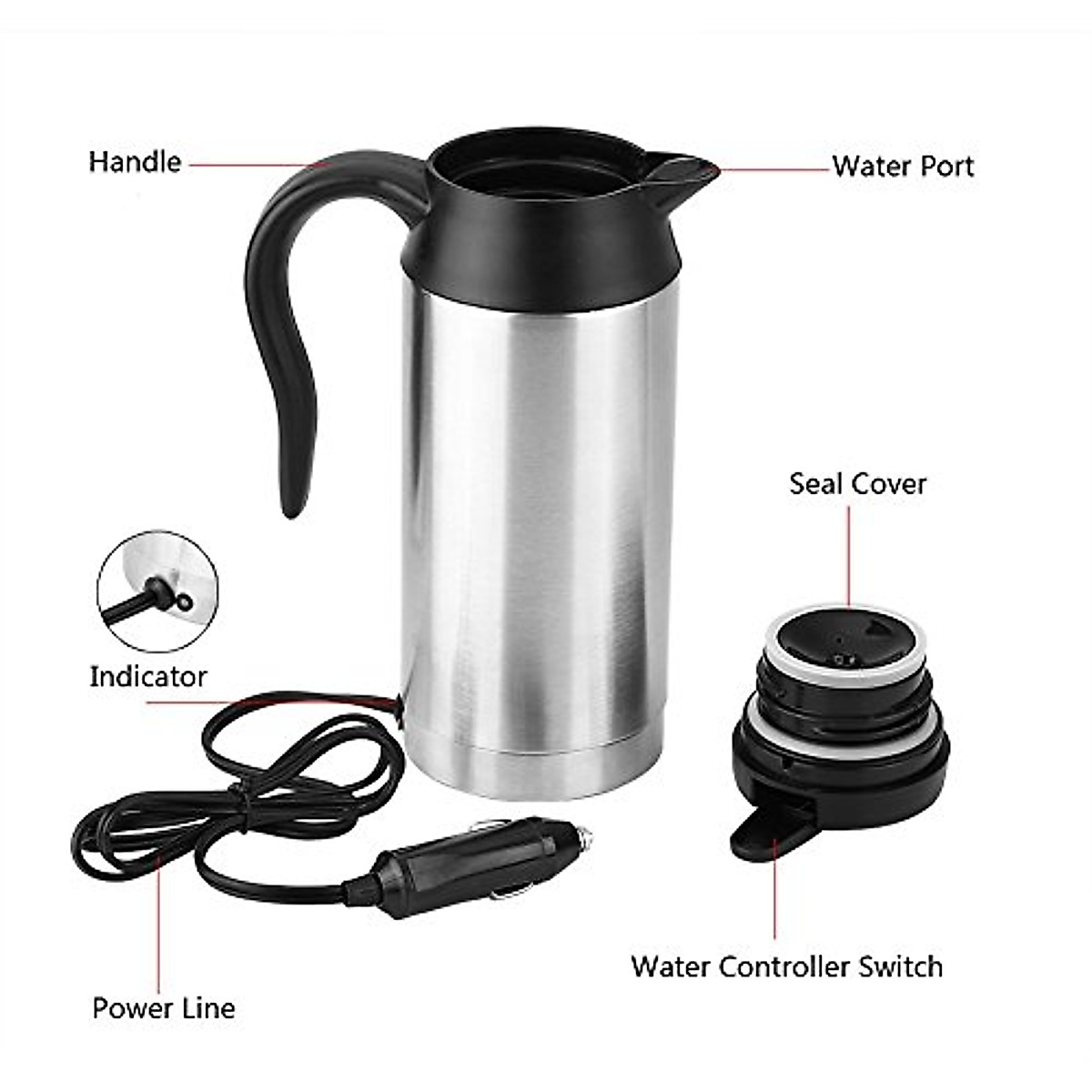 Acouto 750ml 12V Car Electric Kettle Stainless Steel Car Kettle Boiler Cigarette Lighter Heating Kettle Mug Electric Travel Thermoses DC Powered Car Teapot Portable Water Heater for Tea Coffee