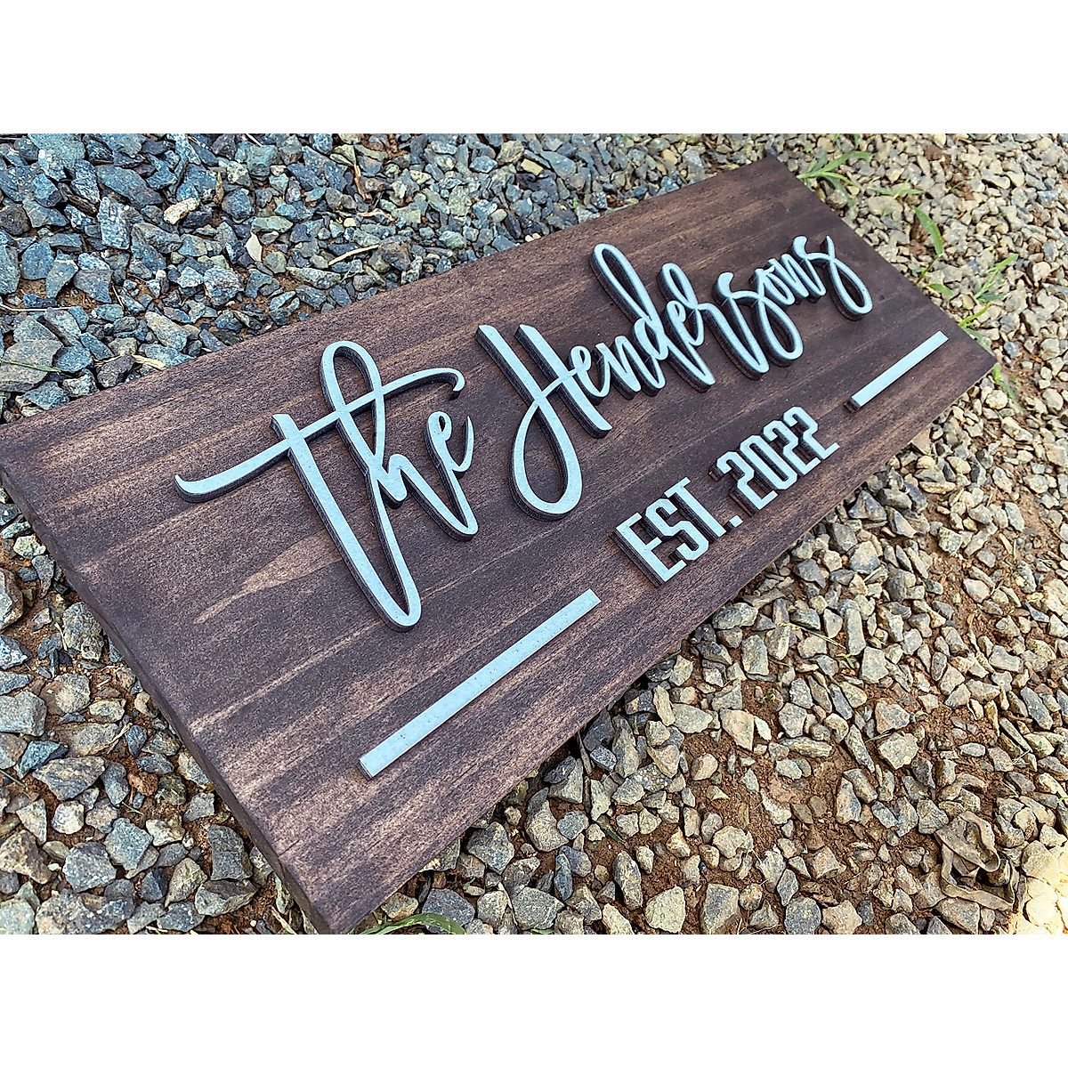 Personzalized 3D Style Effect Wood Sign for Easy Customization and Family Name Wedding Gift (White Text - Espresso Stain)