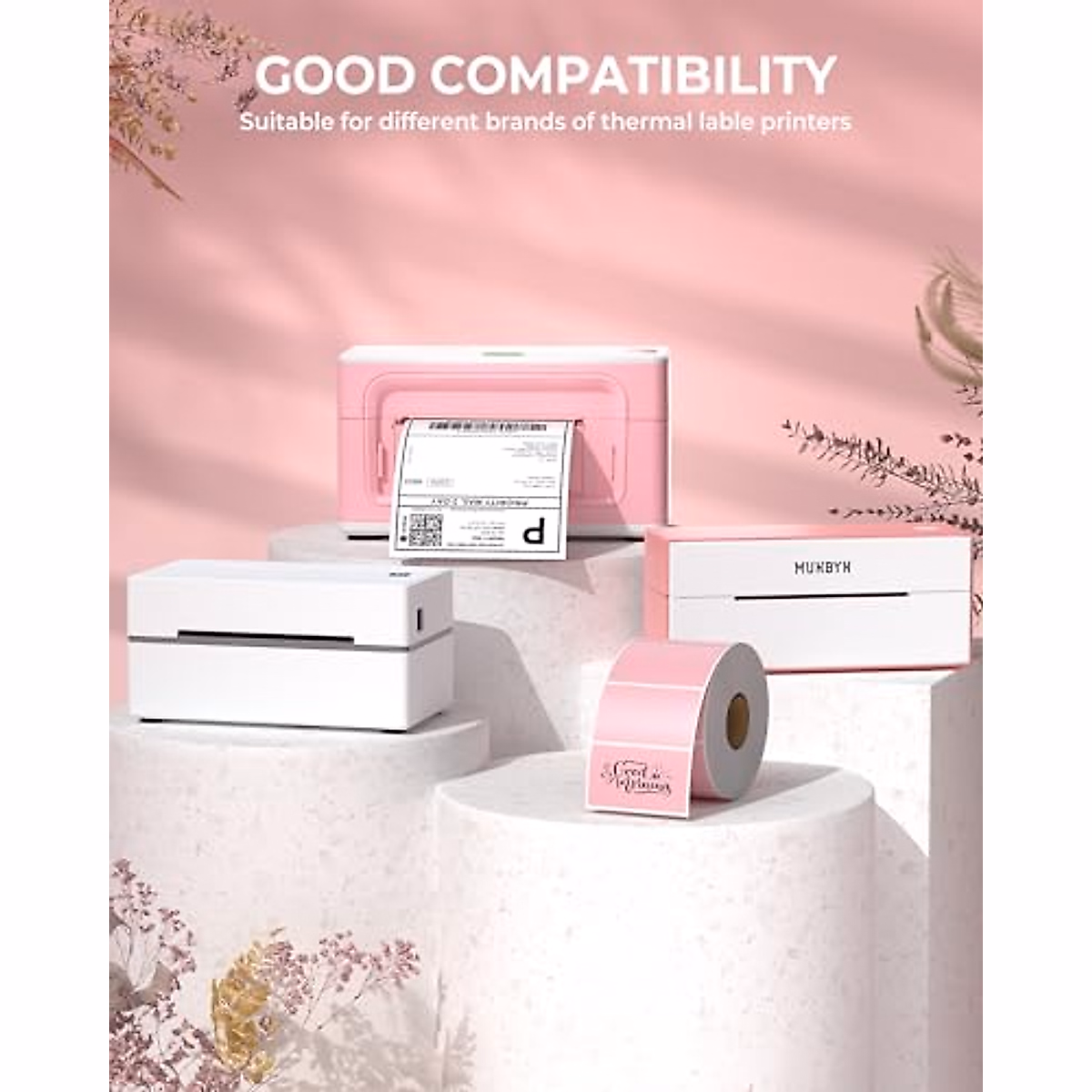 MUNBYN 2.25"x1.25" Thermal Sticker Labels, Pink Self-Adhesive Barcode Label Paper for Direct Thermal Printer and Business, Multi-Purpose Rectangle Address Shipping Mailing Stickers,1000 Sheets/Roll