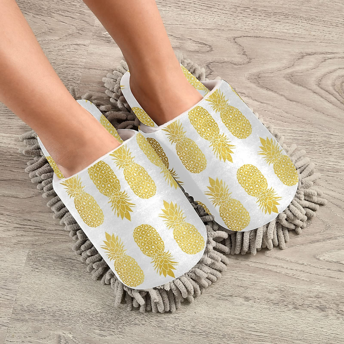 Kigai Microfiber Cleaning Slippers Gold White Pineapples Washable Mop Shoes Slipper for Men/Women House Floor Dust Cleaner, Size L