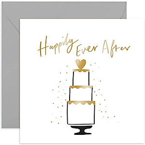 Old English Co. Happily Ever After Wedding Cake Card - Beautiful Gold Foil For Wedding Day | Congratulations to Newly Weds, Bride and Groom | Blank Inside & Envelope Included