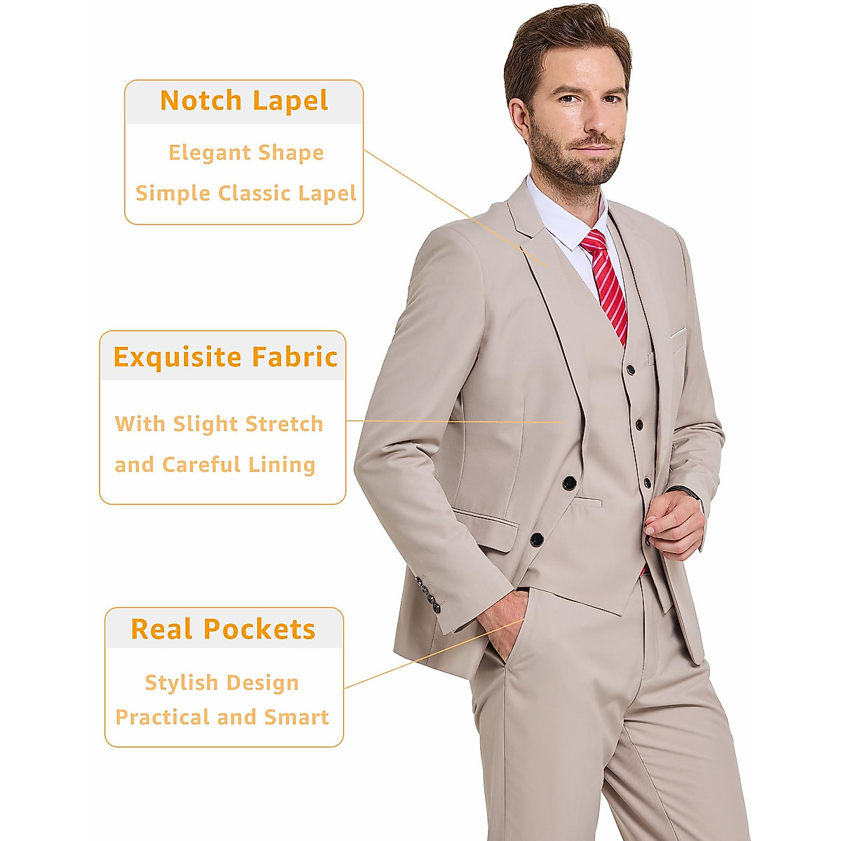 MrSure Men’s 3 Piece Suit Blazer, Slim Fit Tux with 2 Button, Jacket Vest Pants & Tie Set for Party, Wedding and Business Burgundy