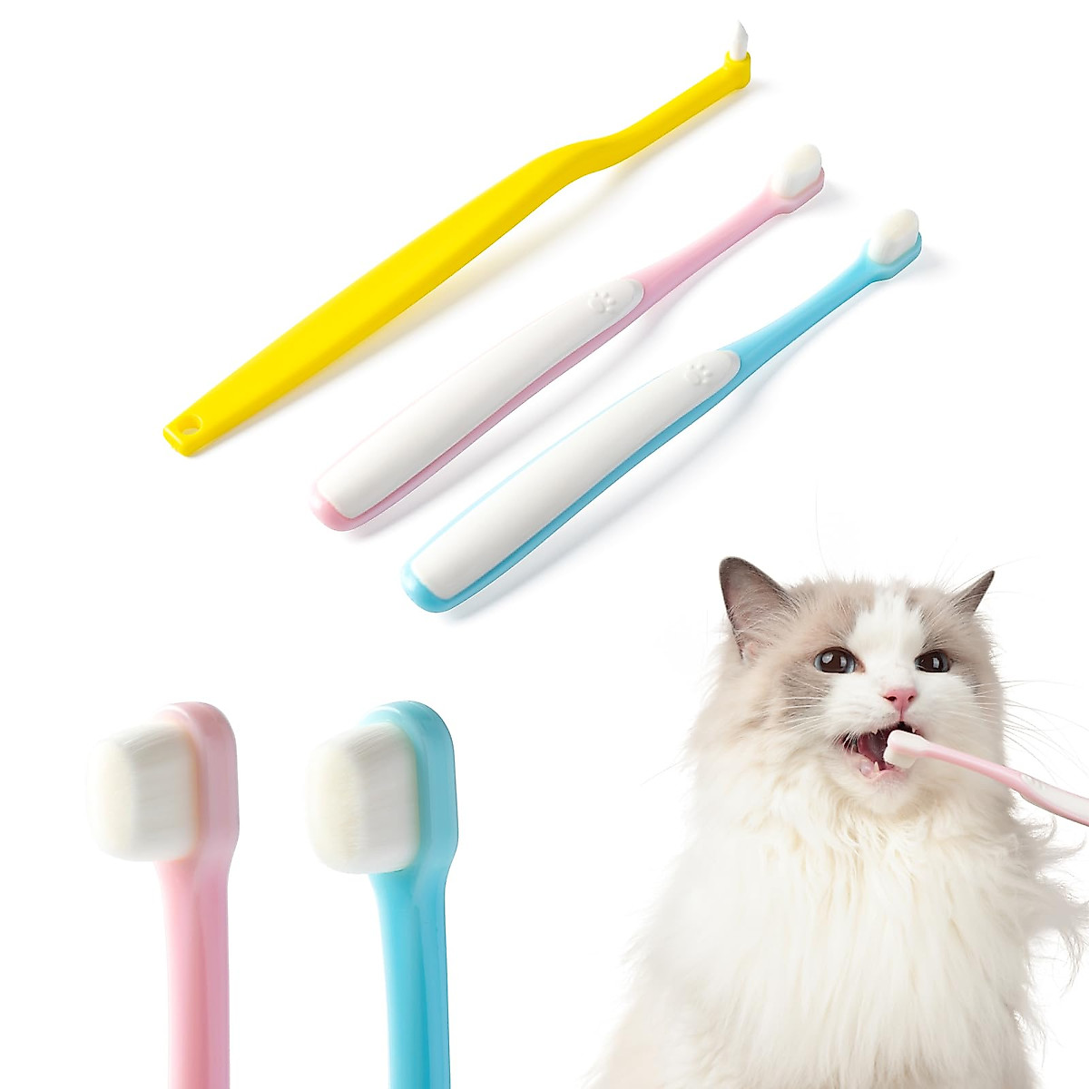 E.M&S.T by Emmeliestella Small Dog & Cat Toothbrush Micro Head, Cat Dental Care, Pets Toothbrush, Oral Hygiene, Easy to Handle, Deep Clean, Extra Soft Bristles, Independent Packaging, Blue&Pink 3PCS