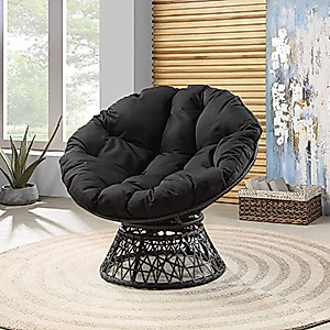 OSP Home Furnishings Wicker Papasan Chair with 360-Degree Swivel, Grey Frame with Black Cushion