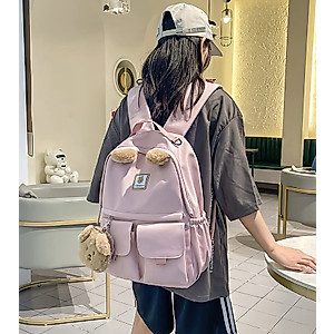 LaurelTree Kawaii Aesthetic Cute Backpack with Accessories 14 In Laptop Rucksack Travel Bag School Students Suppliers Girls (Pink)