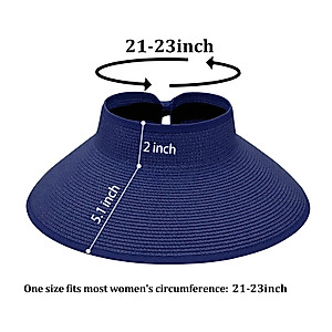 Andiker Women Roll Up Sun Visors Hat, Fordable Wide Brim Ponytail Beach Hat with A Storage Bag, Adjustable Straw Hat with Bow for Summer (Navy)
