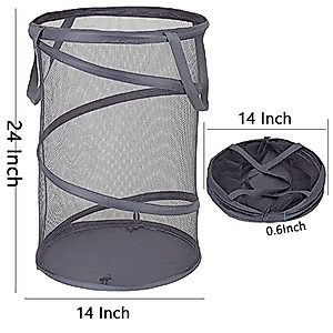 Qtopun Mesh Popup Laundry Hamper, Foldable Portable Cylindrical Dirty Clothes Basket for Bedroom, Kids Room, College Dormitory and Travel — Grey