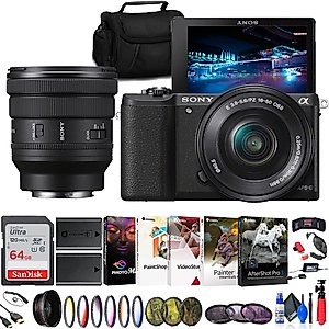 Sony Alpha a5100 Mirrorless Digital Camera with 16-50mm Lens (Black) + Sony FE PZ 16-35mm Lens + Filter Kit + Wide Angle Lens + Bag + 64GB Card + NPF-W50 Battery + More (Renewed)