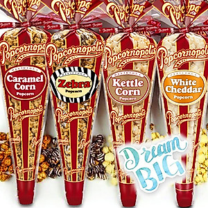 Popcornopolis Gourmet Popcorn – Premium Pack of 4 Popcorn Mini Cones & Exclusive Inspirational Sticker! Small Storage Space Friendly & Great Stocking Stuffers!