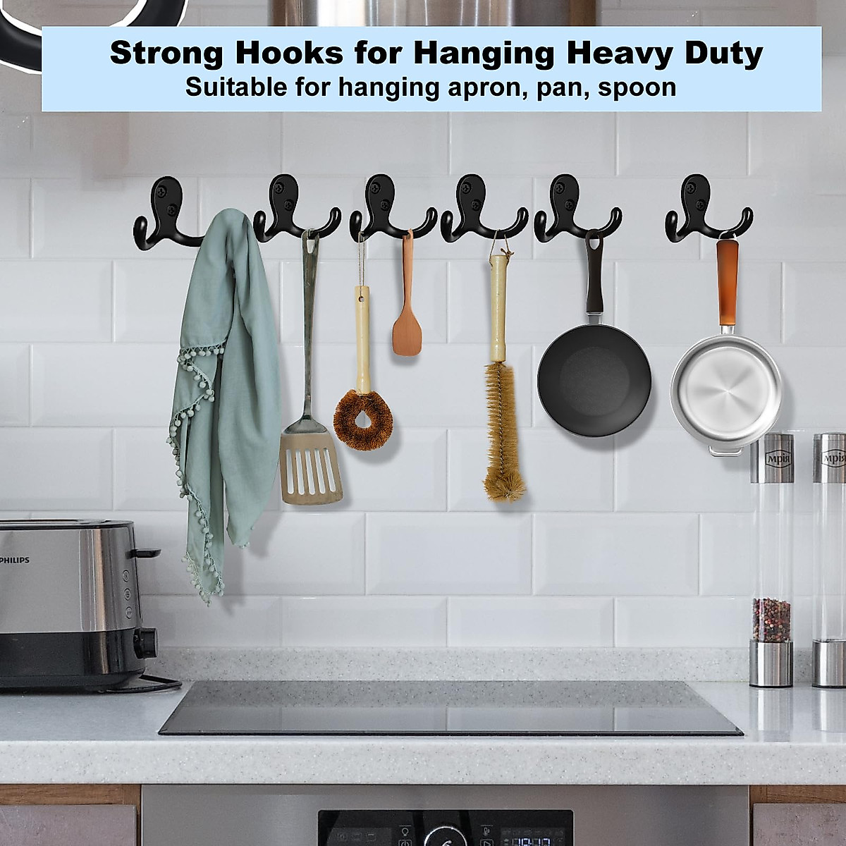 Kruodop 4 Pack Wall Hooks Wall Mounted Coat Hooks for Hanging Heavy Duty, Black Towel Hooks, Metal Double Coat Hanger with Screws Cup Retro for Coats, Handbags, Towels, Hat