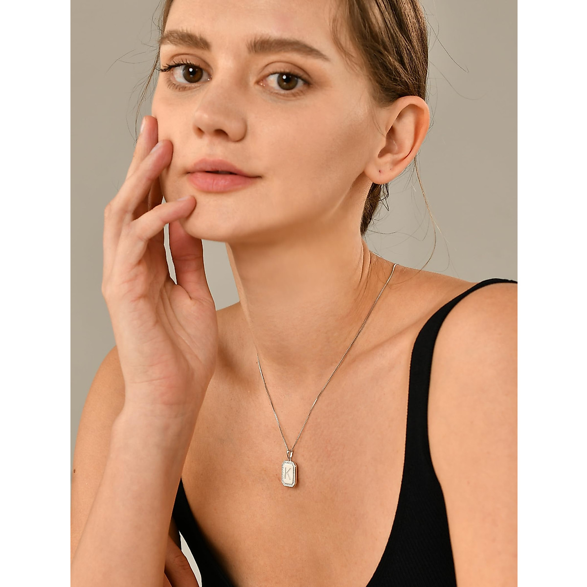 YL Initial Necklace for Women 925 Sterling Silver Rectangle Pendant Halo Polished R Letter Jewelry