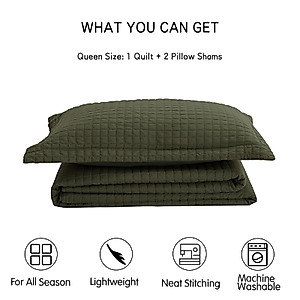 SunStyle Home Olive Green Quilt, Queen Size Quilt Set Lightweight Bedspread Full Soft Reversible Coverlet for All Season 3pcs Army Green Square Quilted Bedding Sets (1 Quilt 2 Pillow Shams)(90"x96")