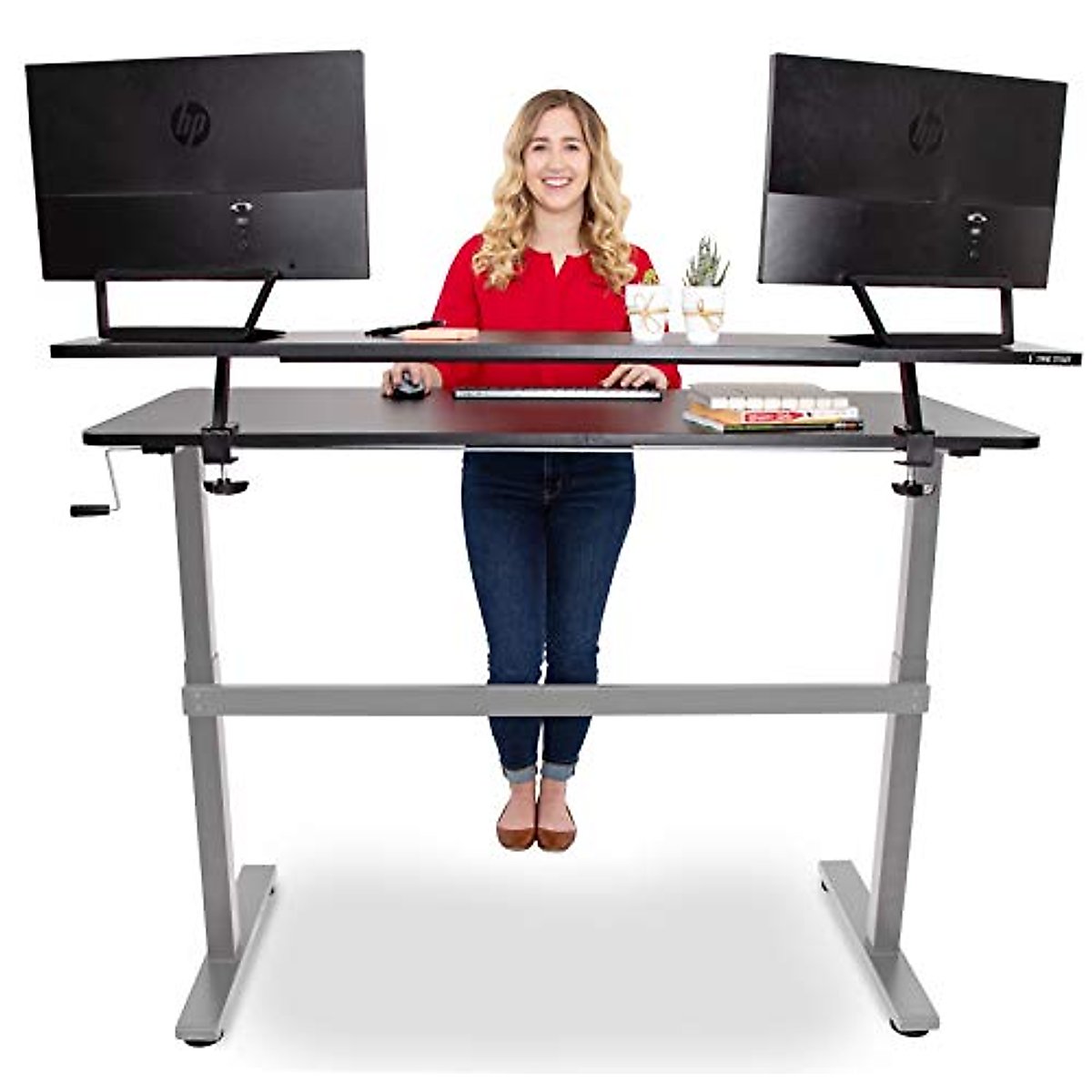 Stand Steady Tranzendesk 55 in Standing Desk with Clamp On Shelf | Easy Crank Height Adjustable Stand Up Workstation w/Attachable Monitor Riser | Holds 3 Monitors & Adds Desk Space (55/Silver Base)