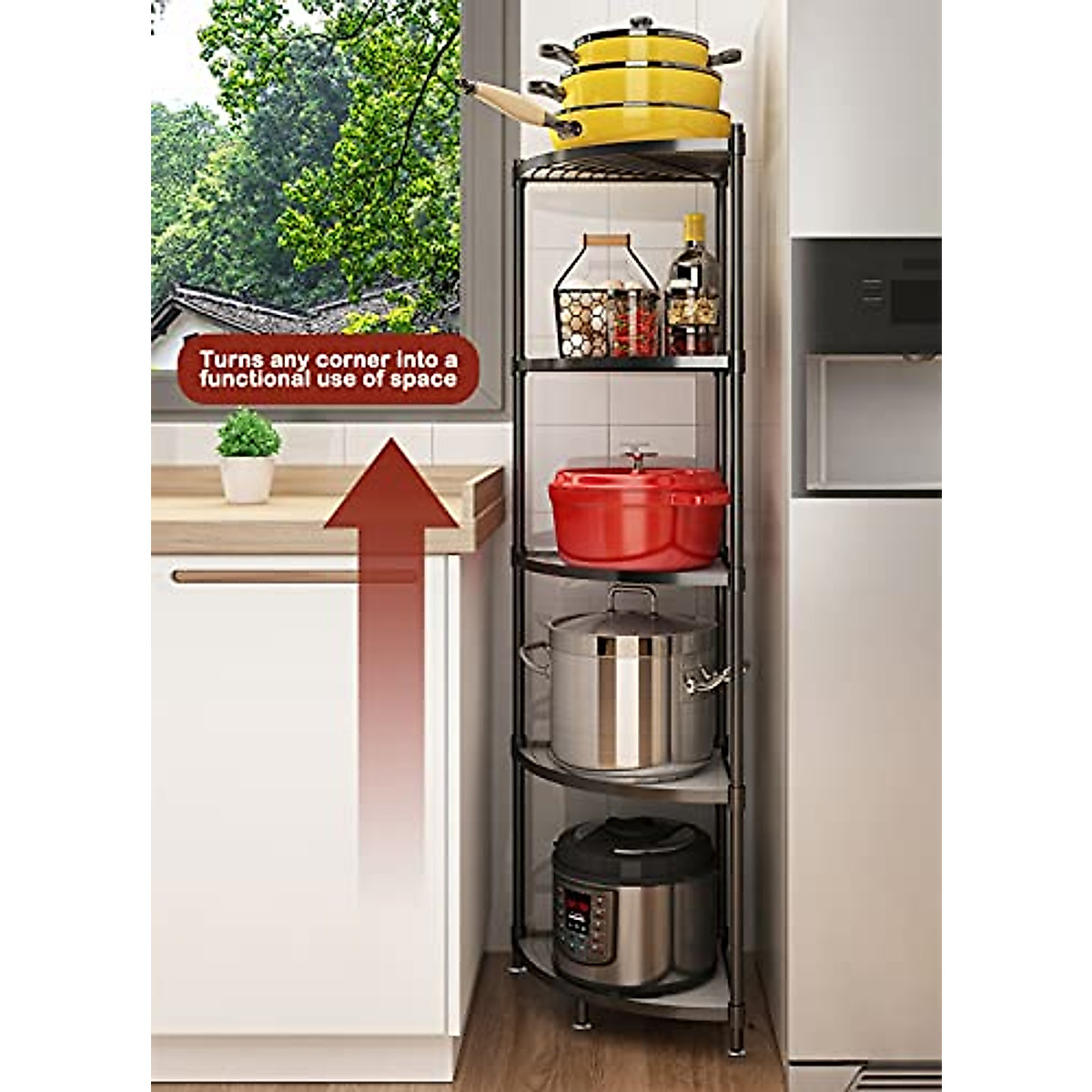 ZIGAMA 5-Tier Kitchen Pot Rack, Multi-layer Corner Shelf Stand Metal Shelves for Kitchen