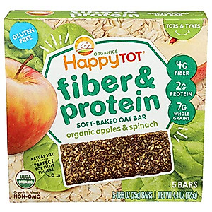 Happy Tot Organics Fiber & Protein Soft-Baked Oat Organic Toddler Snack Apple & Spinach, Organic Gluten Free Kosher Non-GMO, 4.4 Ounce Bars (pack of 5)