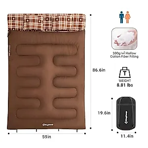 KingCamp Queen Size 2 Person Double Sleeping Bags with Pillows for Adults, 20 Degree Lightweight Backpacking Quilts for Couples Family Camping Hiking and Outdoors, Waterproof