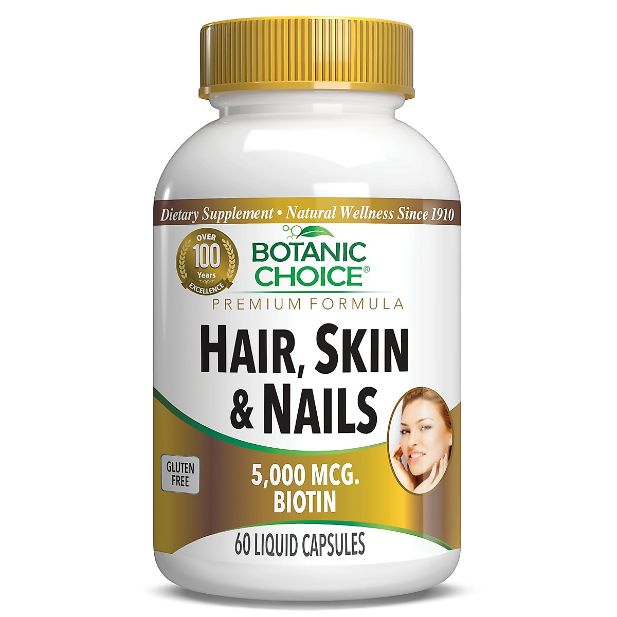 Botanic Choice Hair Skin and Nails Vitamins - Biotin Supplement with Collagen, Vitamin C, & Iron - Super Antioxidant Blend with Argan Oil & Hyaluronic Acid - 60 Liquid Capsules
