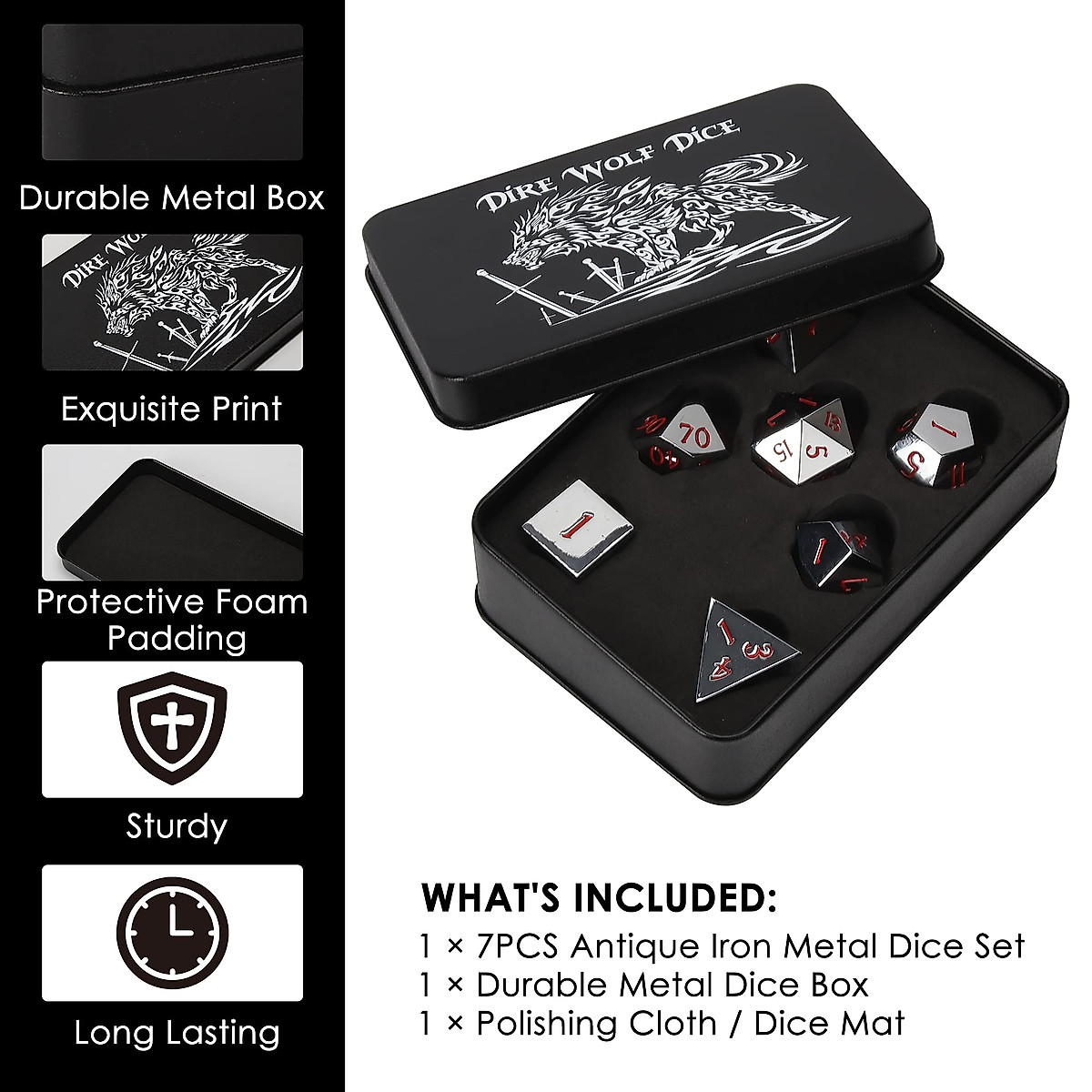 Metal Polyhedral DND Dice Set (7 Game Dice Plus Custom Tin Case) Dire Wolf Dice Gift Set for Role Playing RPG Like Dungeons and Dragons D&D, Pathfinder, Magic The Gathering MTG Games… (Silver & Red)…