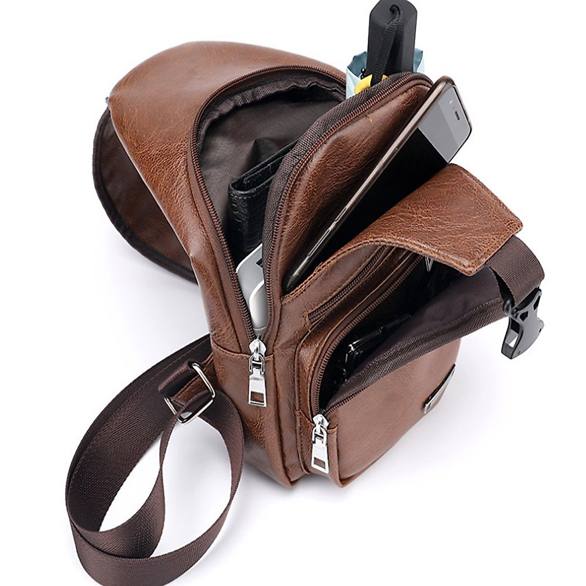 Rullar PU Sling Bags Chest Shoulder Crossbody Messenger Travel Hiking Multipurpose Daypack Purse Backpack for Mens Dark Brown