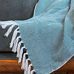 Refinery29 | Athena Collection | Premium Cotton Textured Throw Blanket, Handloom Trim Throw Blanket (Blue), 50" x 70"