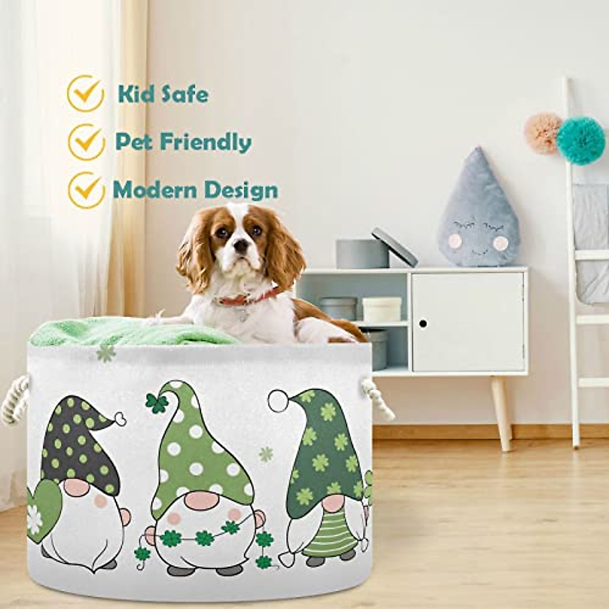 visesunny Gnome with Clover Leaf St Patrick's Day Laundry Baskets Fabric Storage Bin Storage Box Collapsible Storage Basket Toy Clothes Shelves Basket for Bathroom,Bedroom,Nursery,Closet,Office