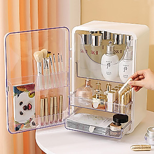 PEAKXCAN Large Double-Door Makeup Organizer with Drawers - Dustproof & Waterproof Cosmetic Storage for Women