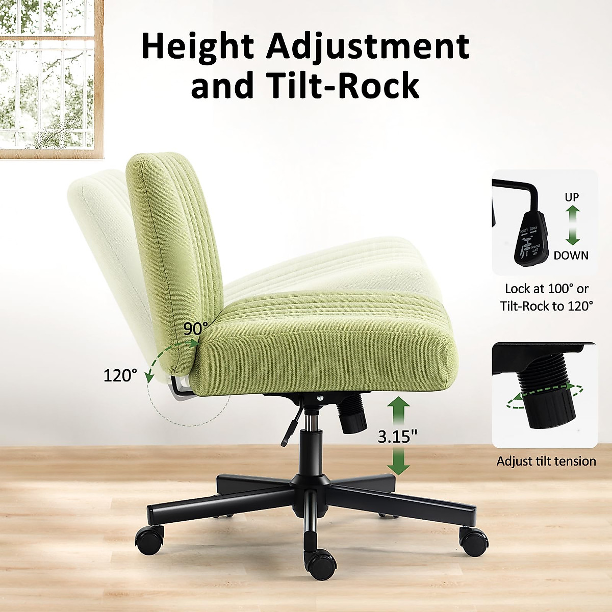 Mondschein Criss Cross Chair with Wheels, Cross Legged Office Chair Armless Wide Desk Chair with Pocket Spring Cushion, Adjustable Swivel Leather Task Vanity Home Office Desk Chair, (Green2)